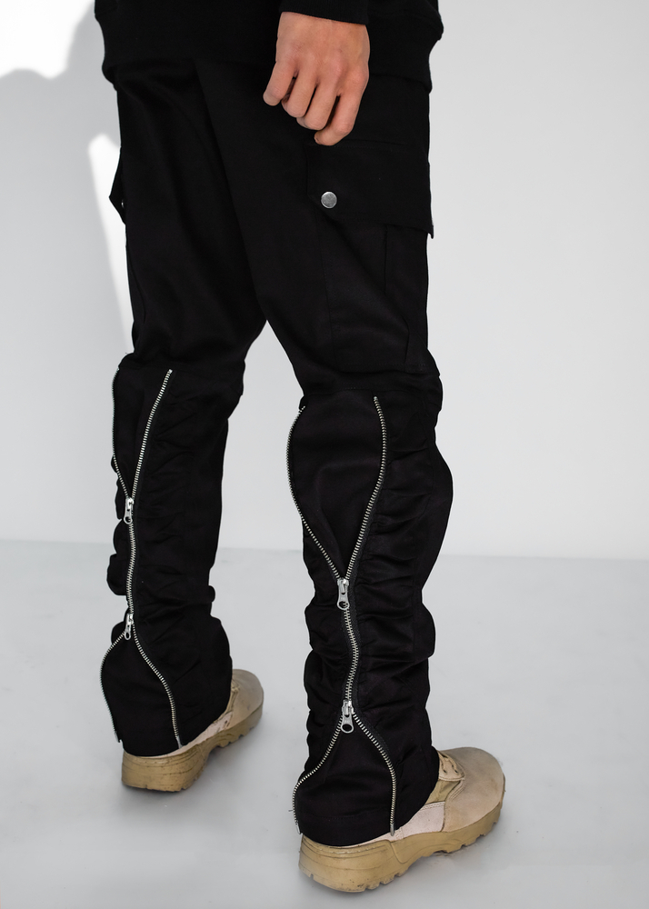 ZIPBACK STACK CARGO PANTS - BLACK